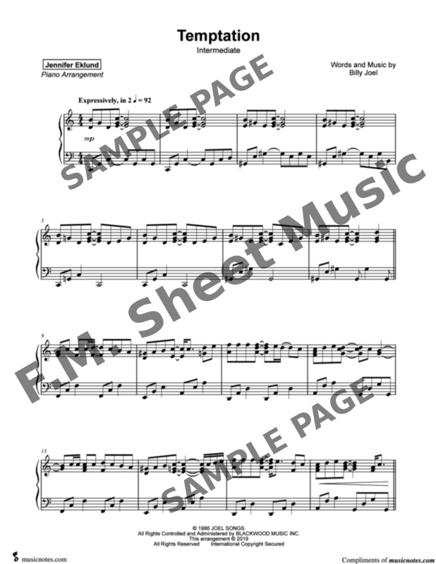 Temptation (Intermediate Piano) By Billy Joel - F.M. Sheet Music - Pop Arrangements by Jennifer ...